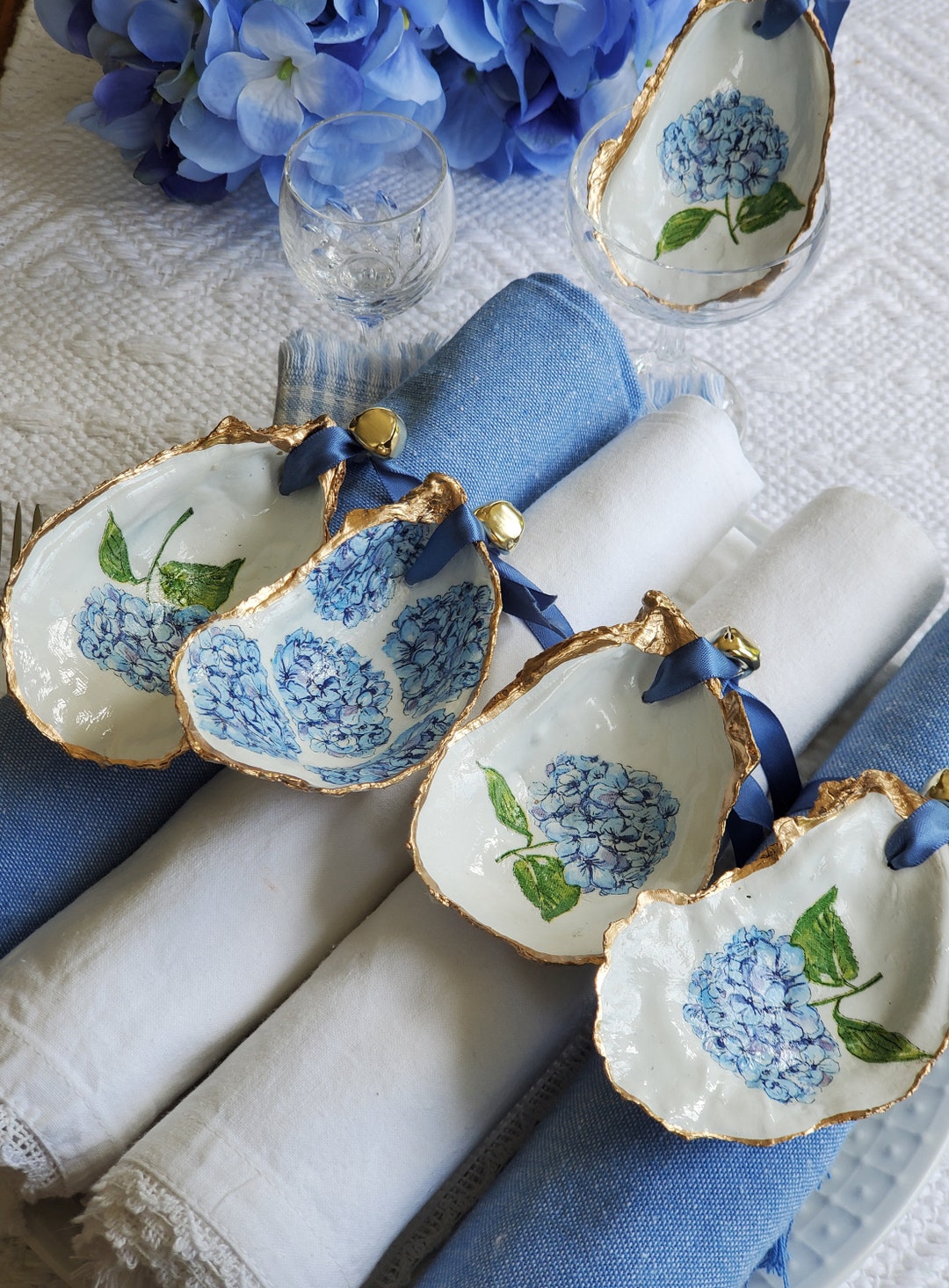 Hydrangea Oyster Shell Napkin Rings With Gold Trim - Set of 4, Blue and ...