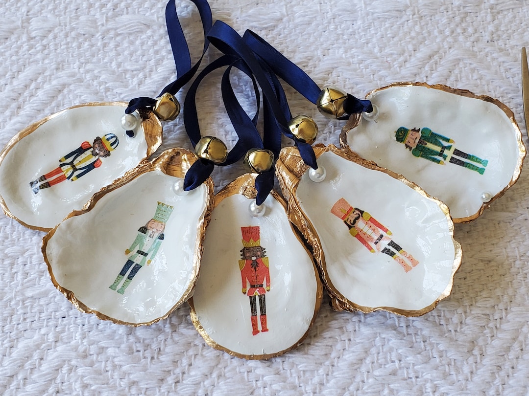 Nutcracker Oyster Shell Christmas Ornaments - Gold Leaf Trim, Set of 5 ...