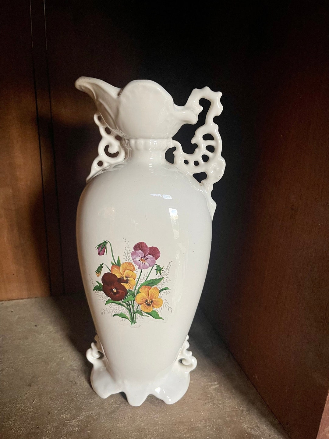 1979 Alberta Pottery Pansies Motif Tall Vase Pitcher Signed by Artist ...