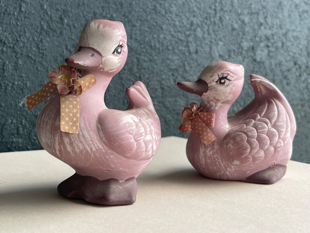 Hand Painted Ceramic Duck Statue Pair Pink With Pink Ribbons - Etsy