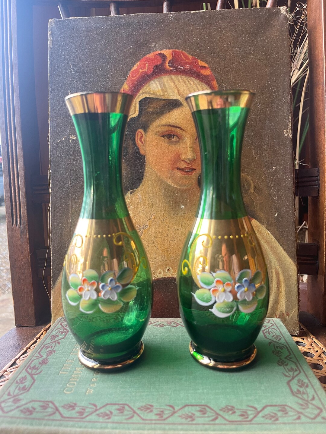 Vintage Hand-painted Green Glass Gilded Bud Vase by Engermann Czech ...