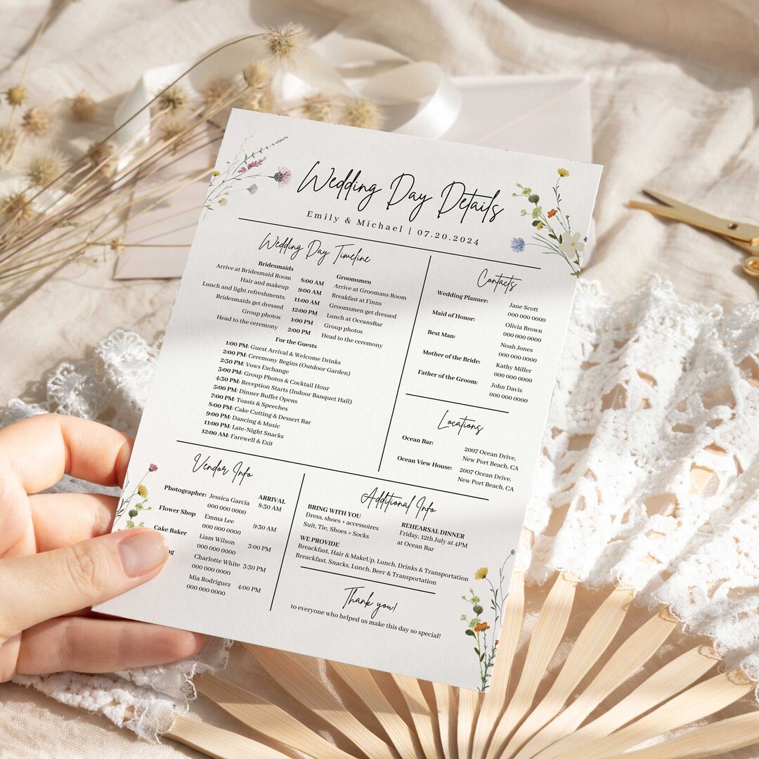 Wedding Day Details Template Day of Wedding Timeline Schedule Editable ...