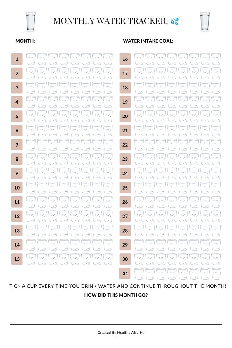 Monthly Water Tracker Printable, Water Intake Tracker, Hydration ...