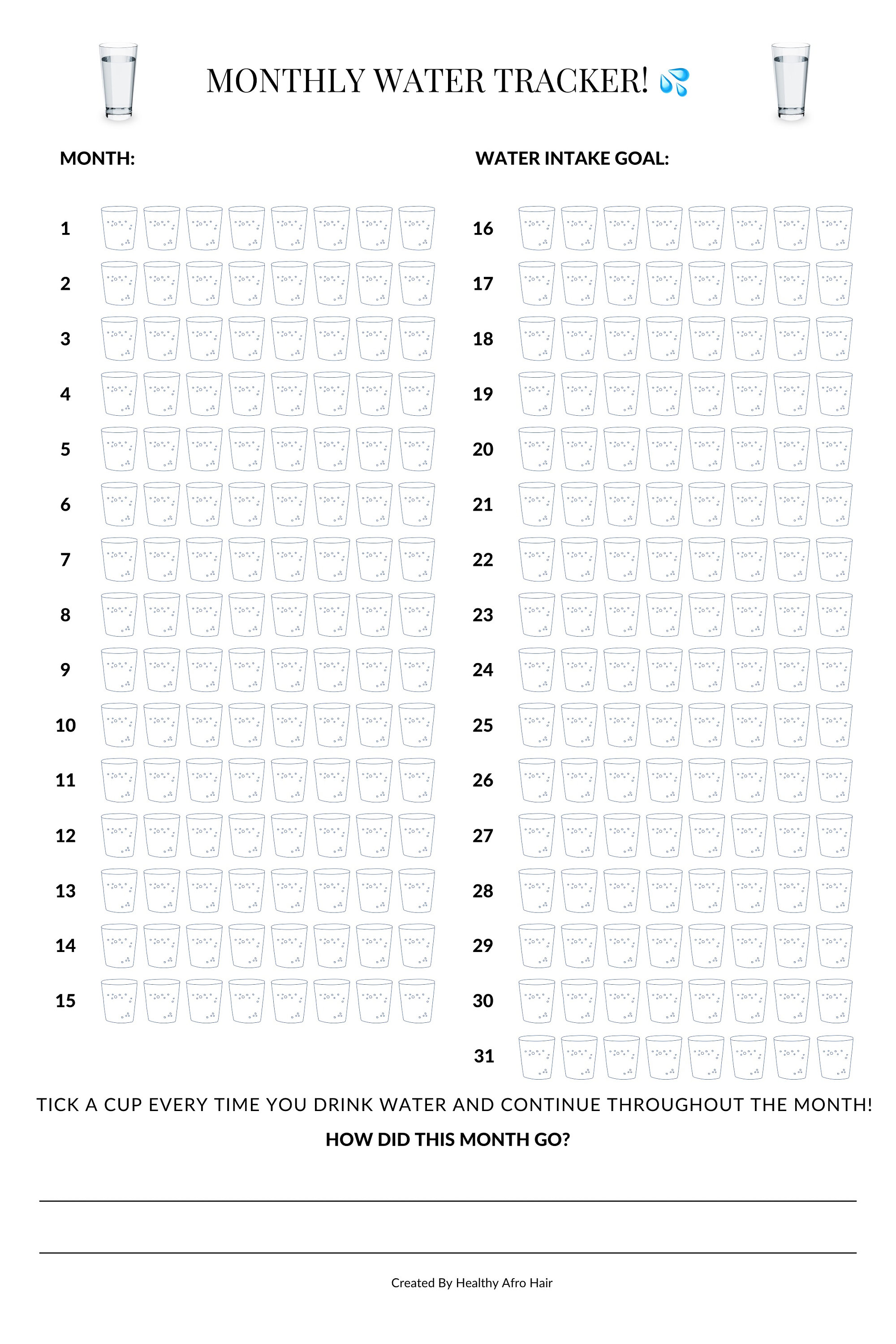 Monthly Water Tracker Printable, Water Intake Tracker, Hydration ...
