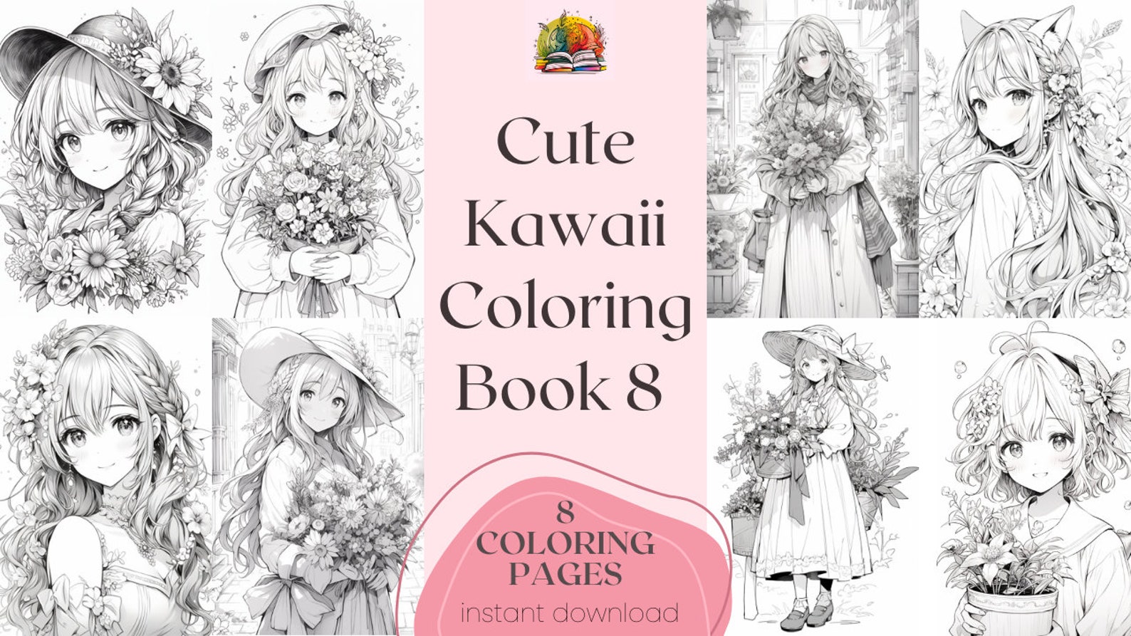 Cute Kawaii Coloring Book, 8 Printable Anime Coloring Pages for Kids ...