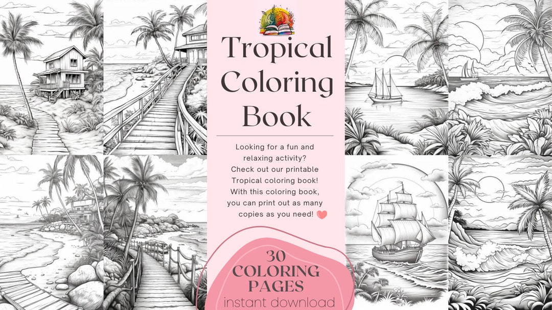 Tropical Coloring Book 30 Printable Adult Coloring Pages Relaxing Beach ...
