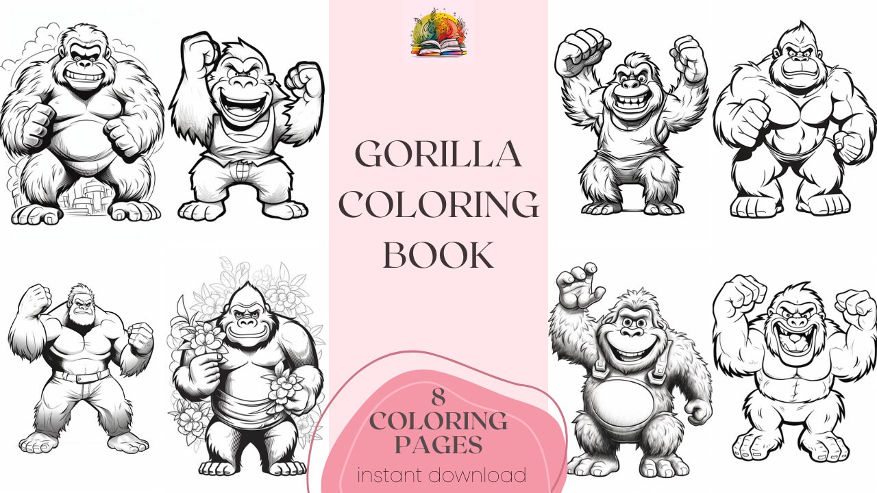 Gorilla Coloring Book, 8 Printable Animal Coloring Pages, Coloring ...