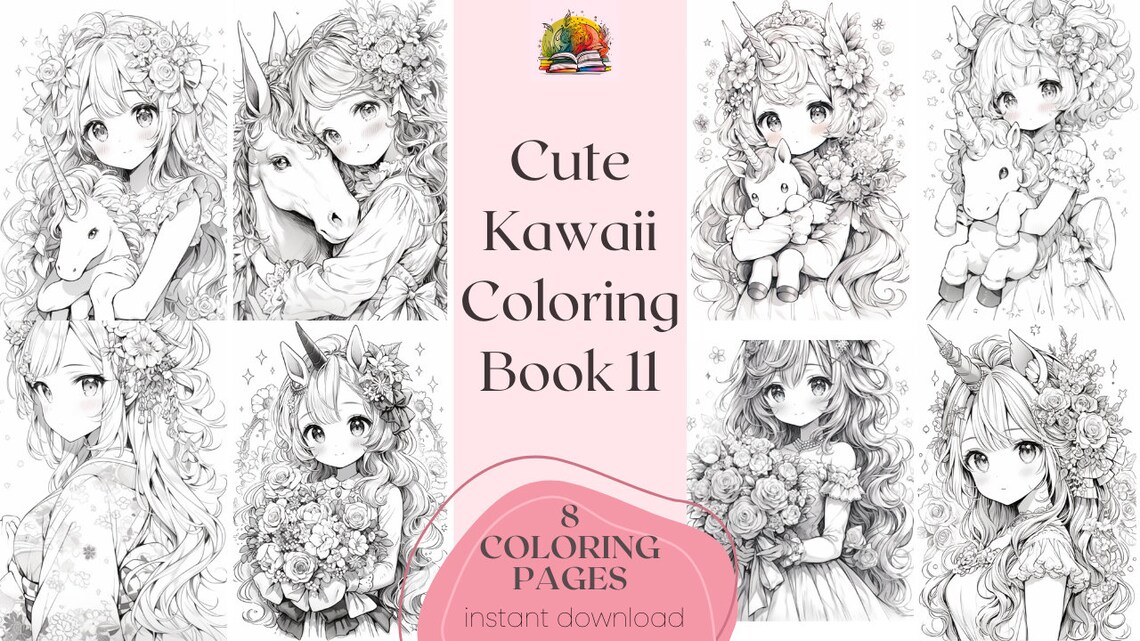 Cute Kawaii Coloring Book, 8 Printable Anime Coloring Pages for Kids ...