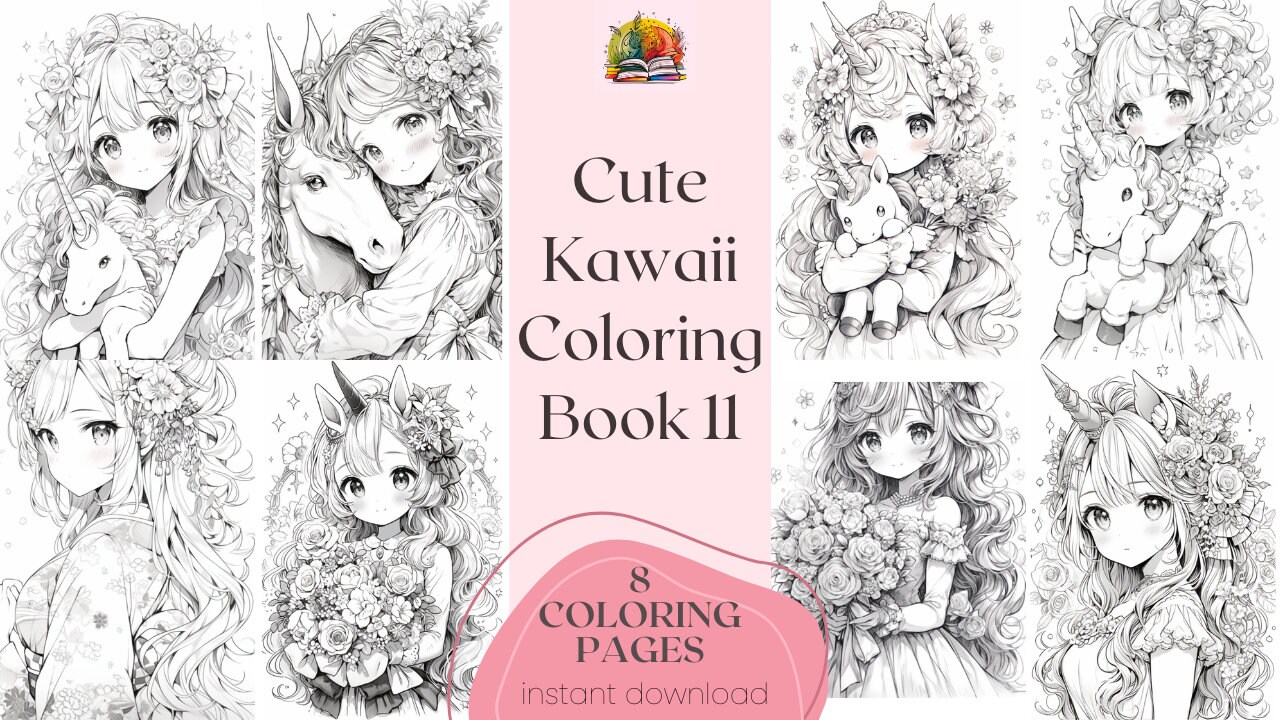 Cute Kawaii Coloring Book, 8 Printable Anime Coloring Pages for Kids ...