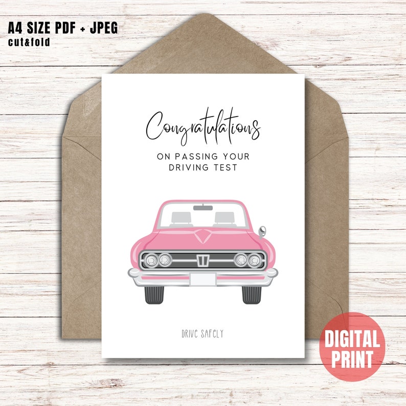 Printable Driving Test Card for Her, New Driver Pink Car Card, Driving ...