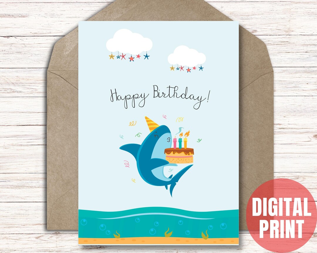 Cute Shark Birthday Card for Kids, Printable Birthday Card for Boys ...