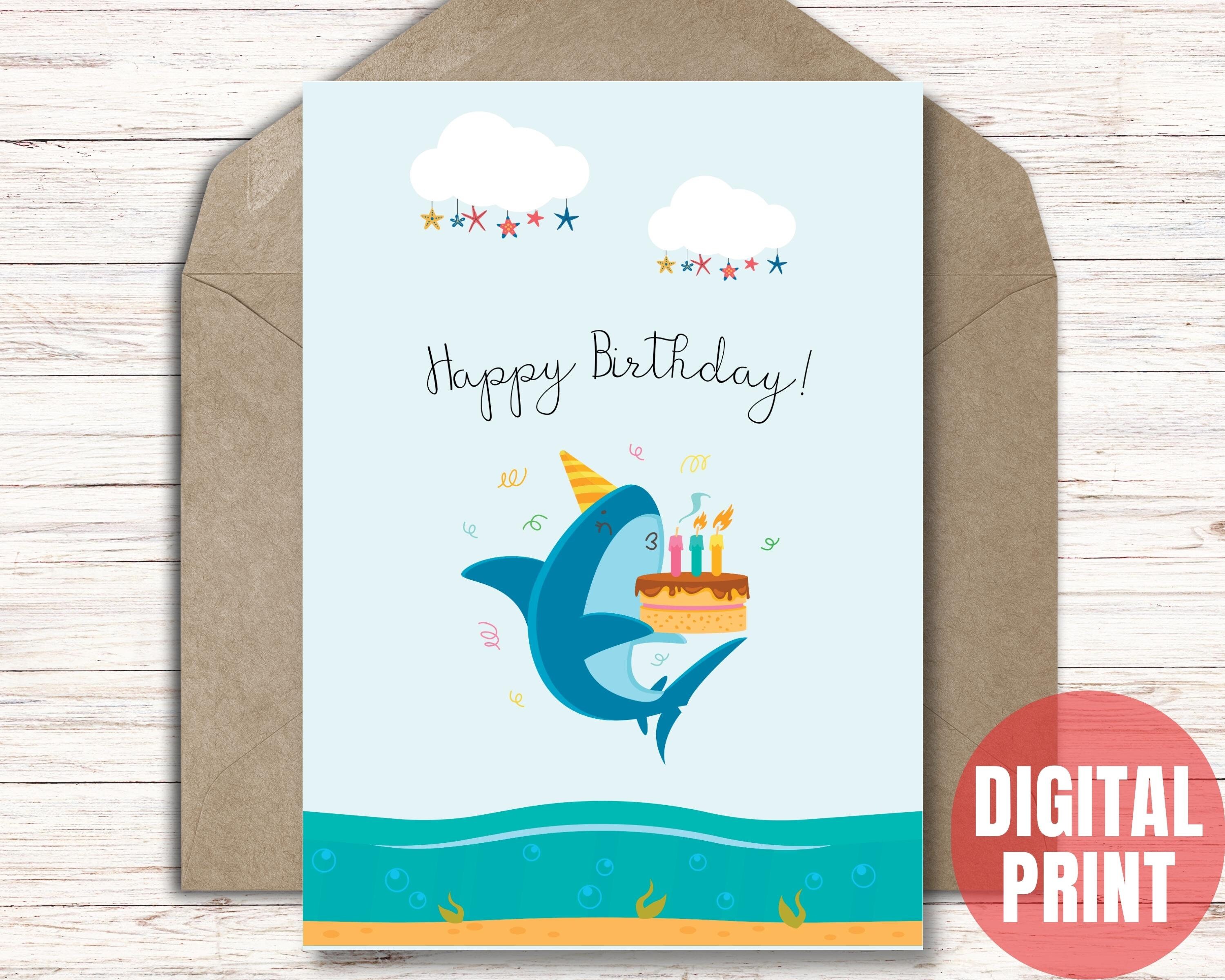 Cute Shark Birthday Card for Kids, Printable Birthday Card for Boys ...