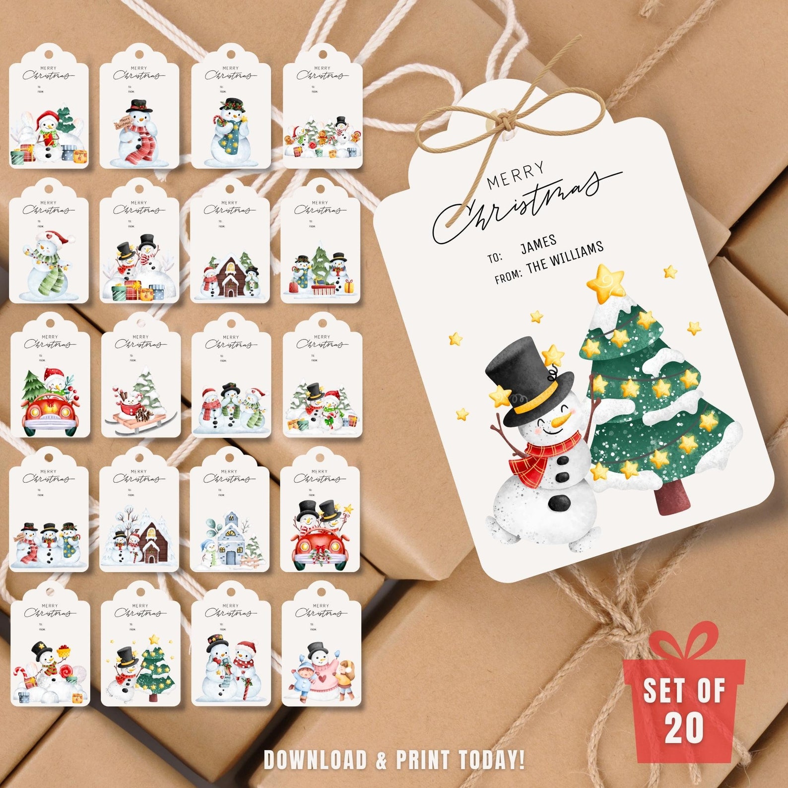 Printable Christmas Gift Tags Set of 20, Christmas Label, Holiday Party ...