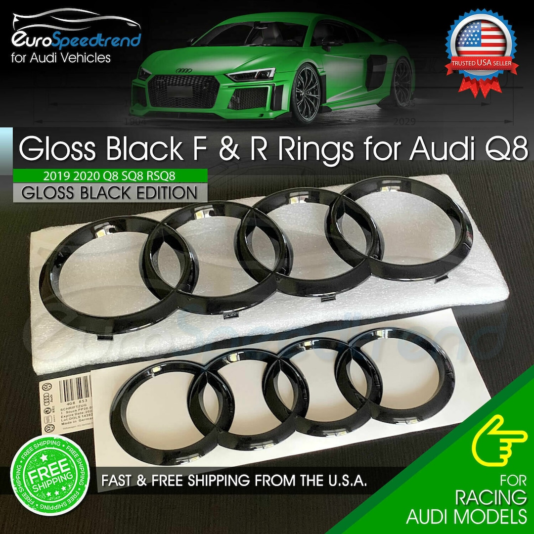 Audi Q8 Rings Front Grille and Rear Trunk Gloss Black Emblem Badge Fits ...