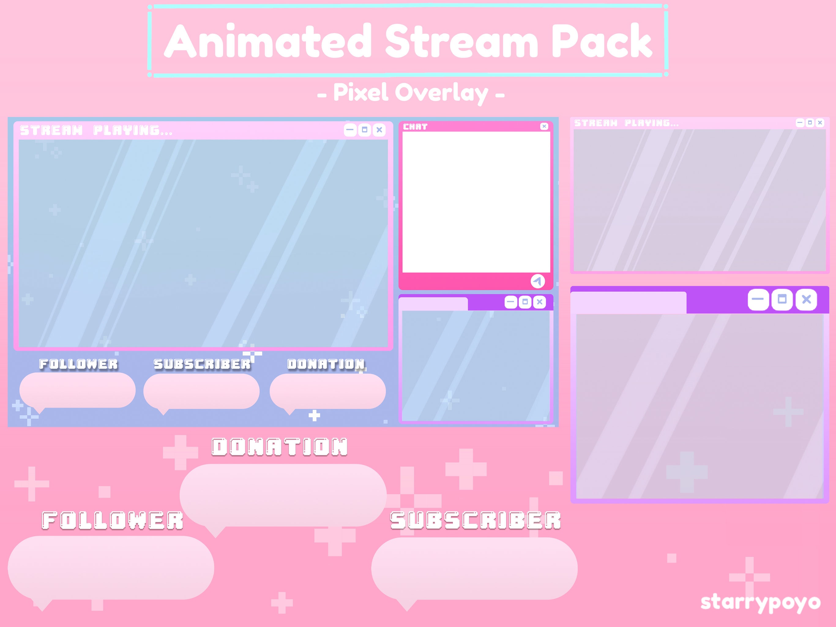 Cute Pixel Animated Stream Overlay Package | Pink Blue Purple Theme ...