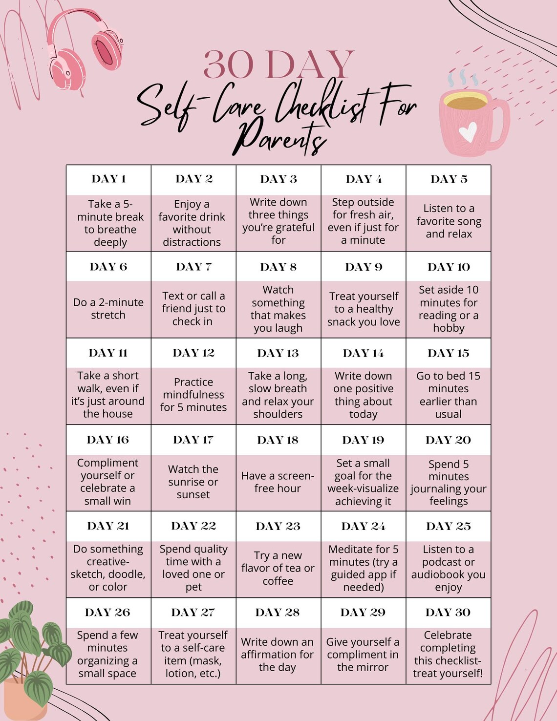 30-day Self Care Checklist for Parents | Printable Self-care Tracker ...