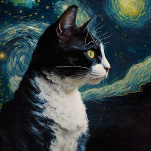Printable Starry Night Tuxedo Cat Painting | Wall Art | Best Wall Art ...