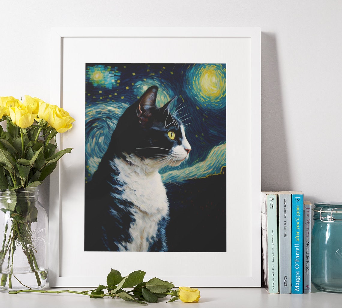 Printable Starry Night Tuxedo Cat Painting | Wall Art | Best Wall Art ...