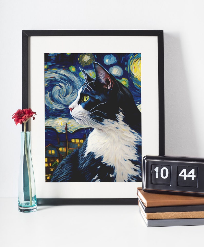 Printable Starry Night Tuxedo Cat Painting | Wall Art | Best Wall Art ...