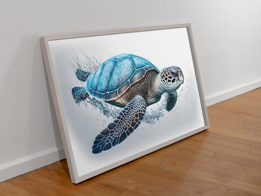 Blue Sea Turtle Wall Art on White Background Printable Ocean Art Beach ...