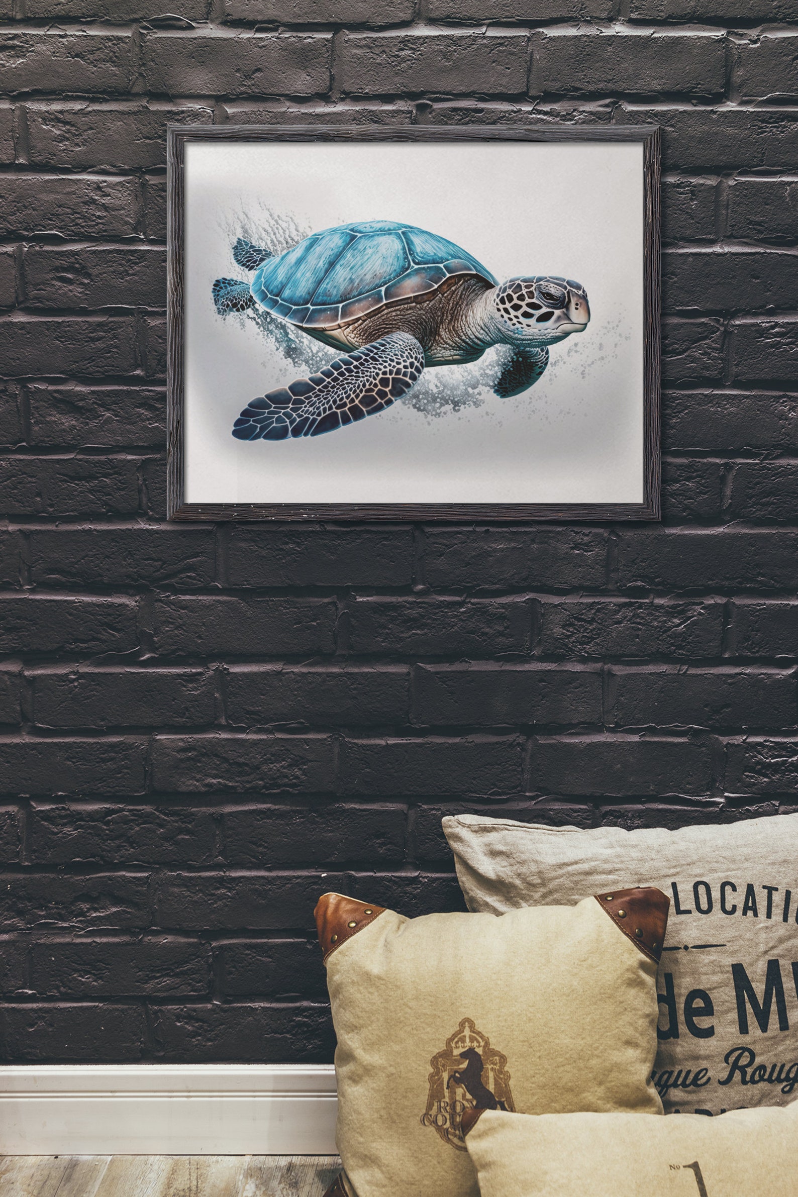 Blue Sea Turtle Wall Art on White Background Printable Ocean Art Beach ...