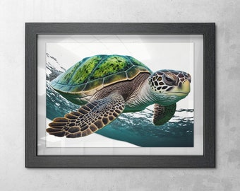 Blue Sea Turtle Wall Art on White Background Printable Ocean Art Beach ...