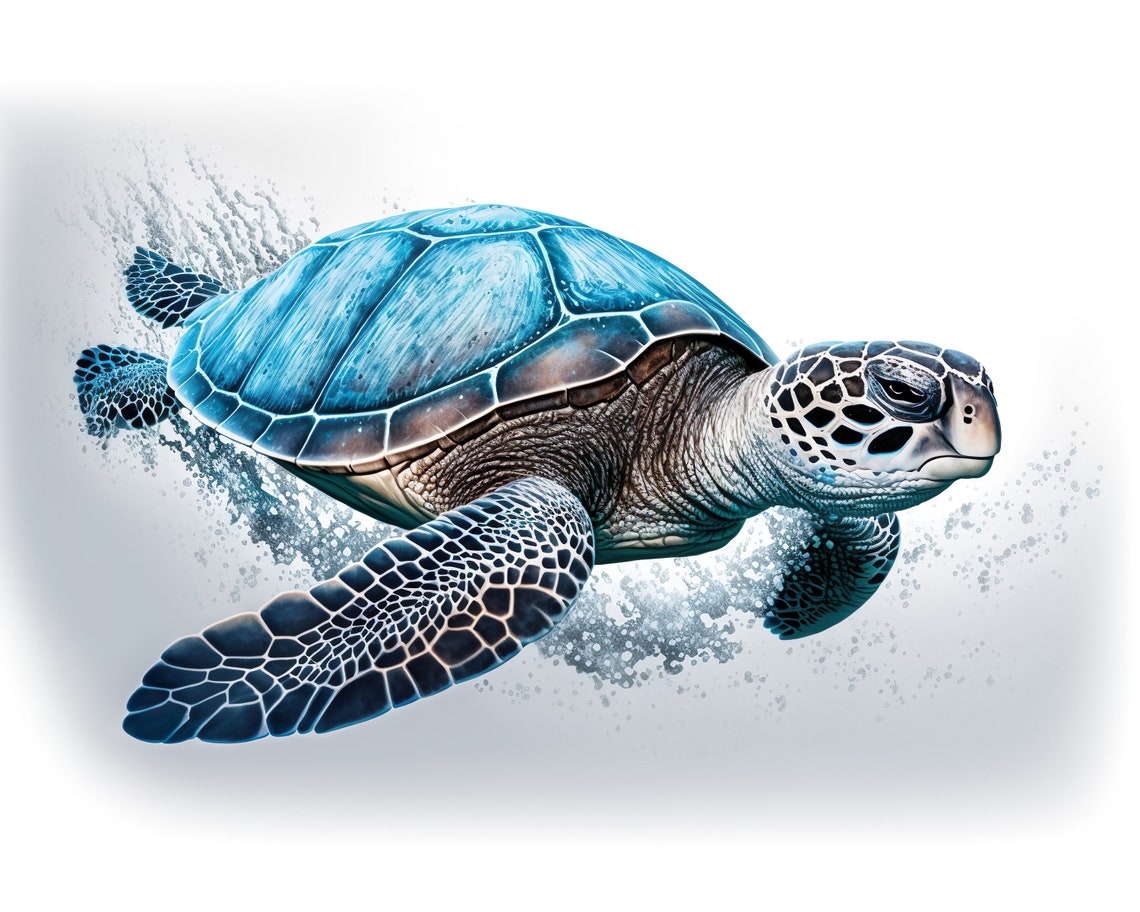 Blue Sea Turtle Wall Art on White Background Printable Ocean Art Beach ...