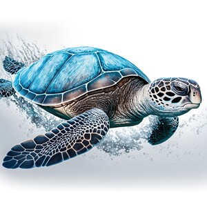 Blue Sea Turtle Wall Art on White Background Printable Ocean Art Beach ...