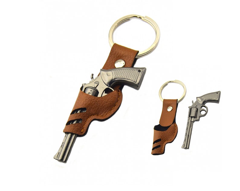 Gray Revolver Keychain in Leather Gun Holster Cool Gun - Etsy