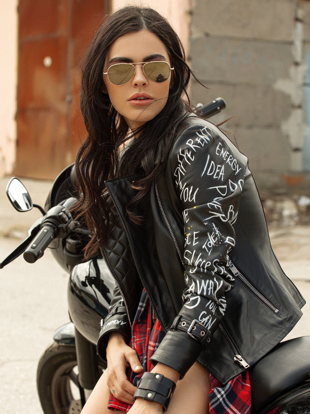 Cropped Leather Jacket With Text Print Genuine Leather Woman Designer ...