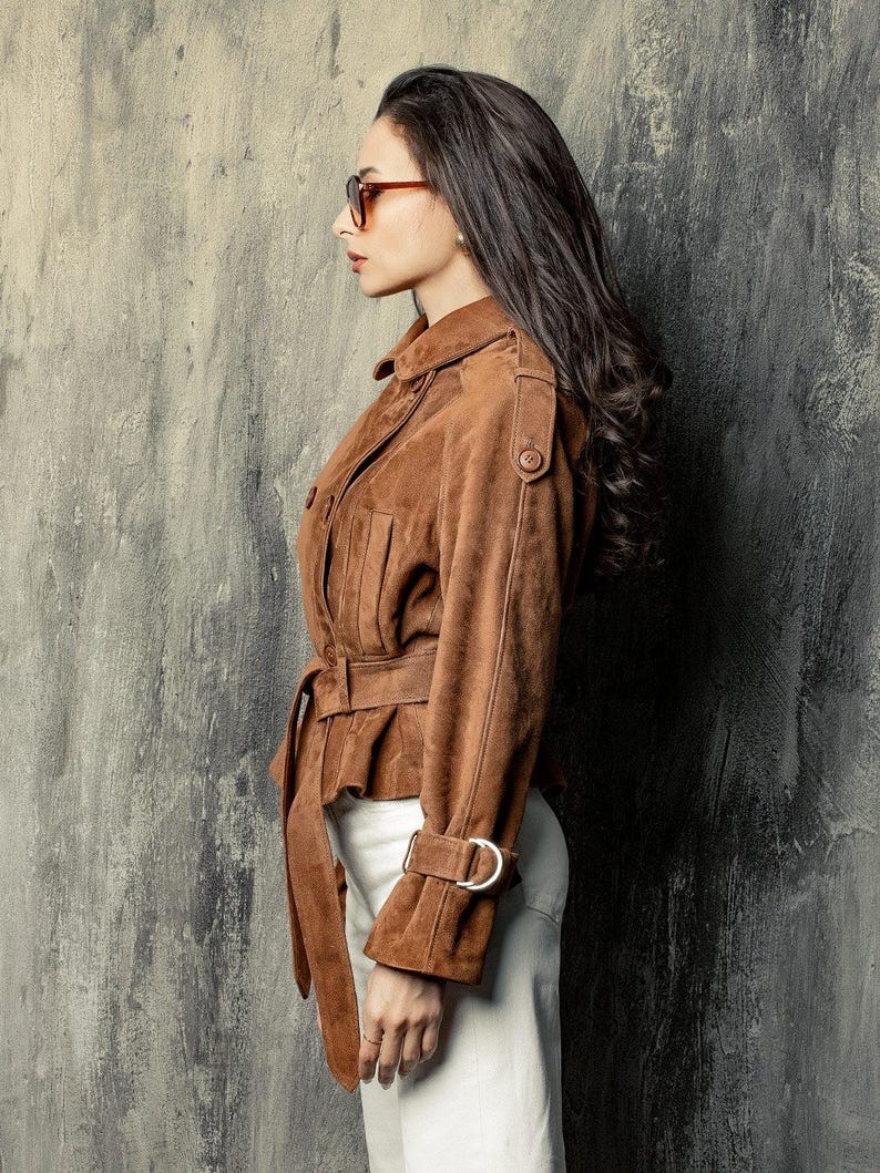 Suede Trench Coat, Woman Suede 90s Jacket, Genuine Leather Short Blazer ...