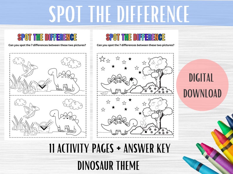 Spot the Difference Coloring Pages, Dinosaur Theme, Kindergarten ...