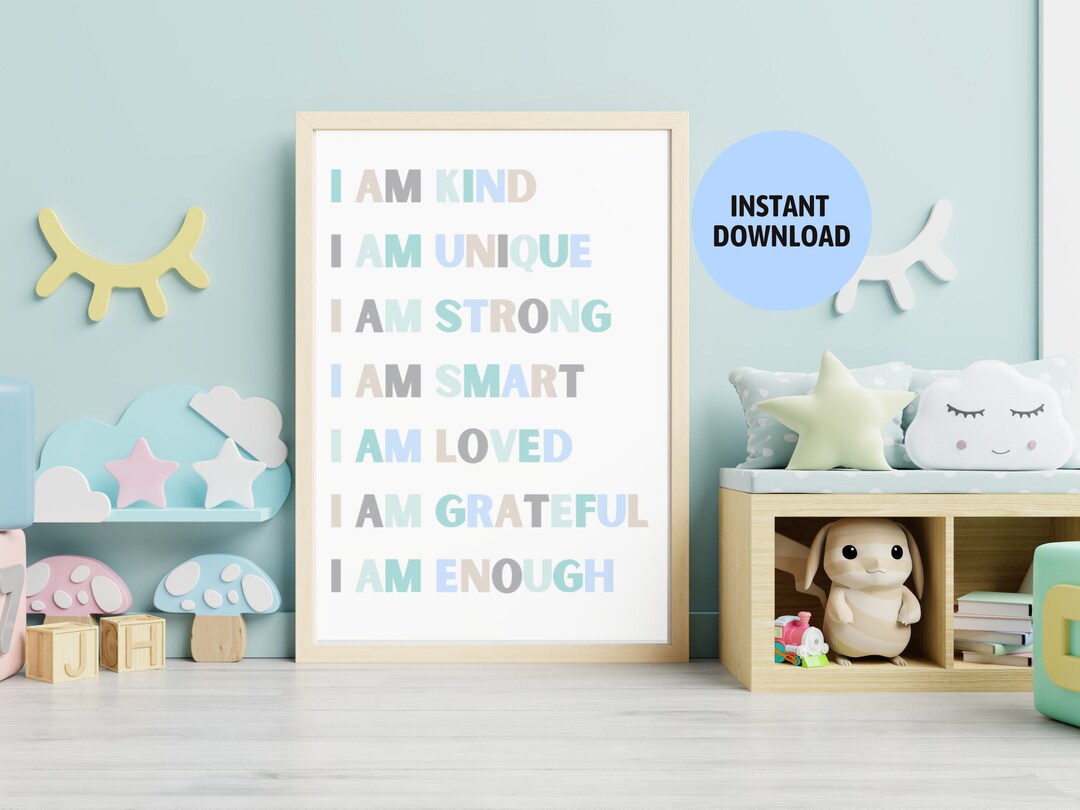 Affirmations Print, Neutral Boy Blue Boho Nursery Decor, Inspirational ...