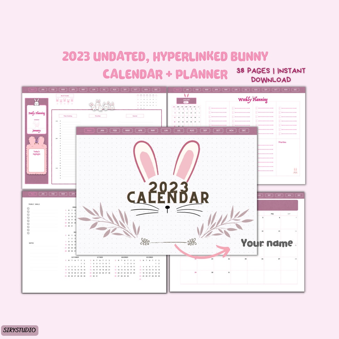 2023 Cute Digital Bunny Calendar Hyperlinked, Daily Planner, Weekly ...