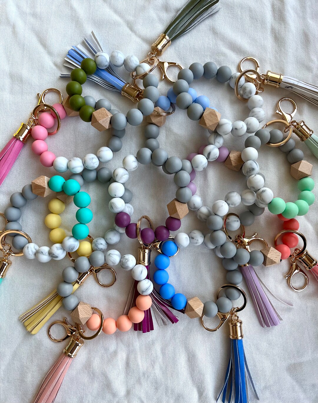 Wristlet Keychain, Boho Bracelet Strap Keychain, Silicone Beaded Strech ...