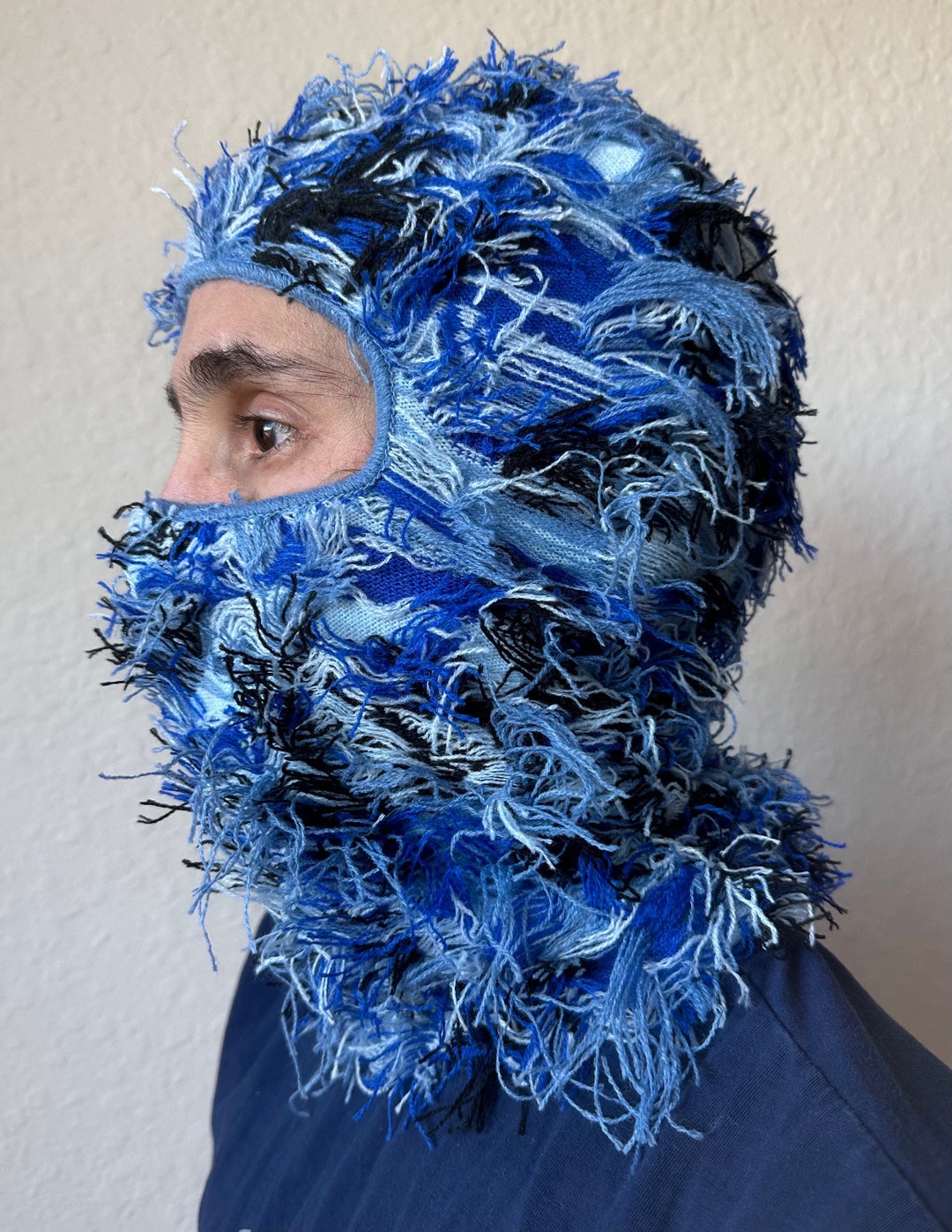 Blue Camo Distressed Balaclava, Knitted Ski Mask, Trendy Winter Gifts ...