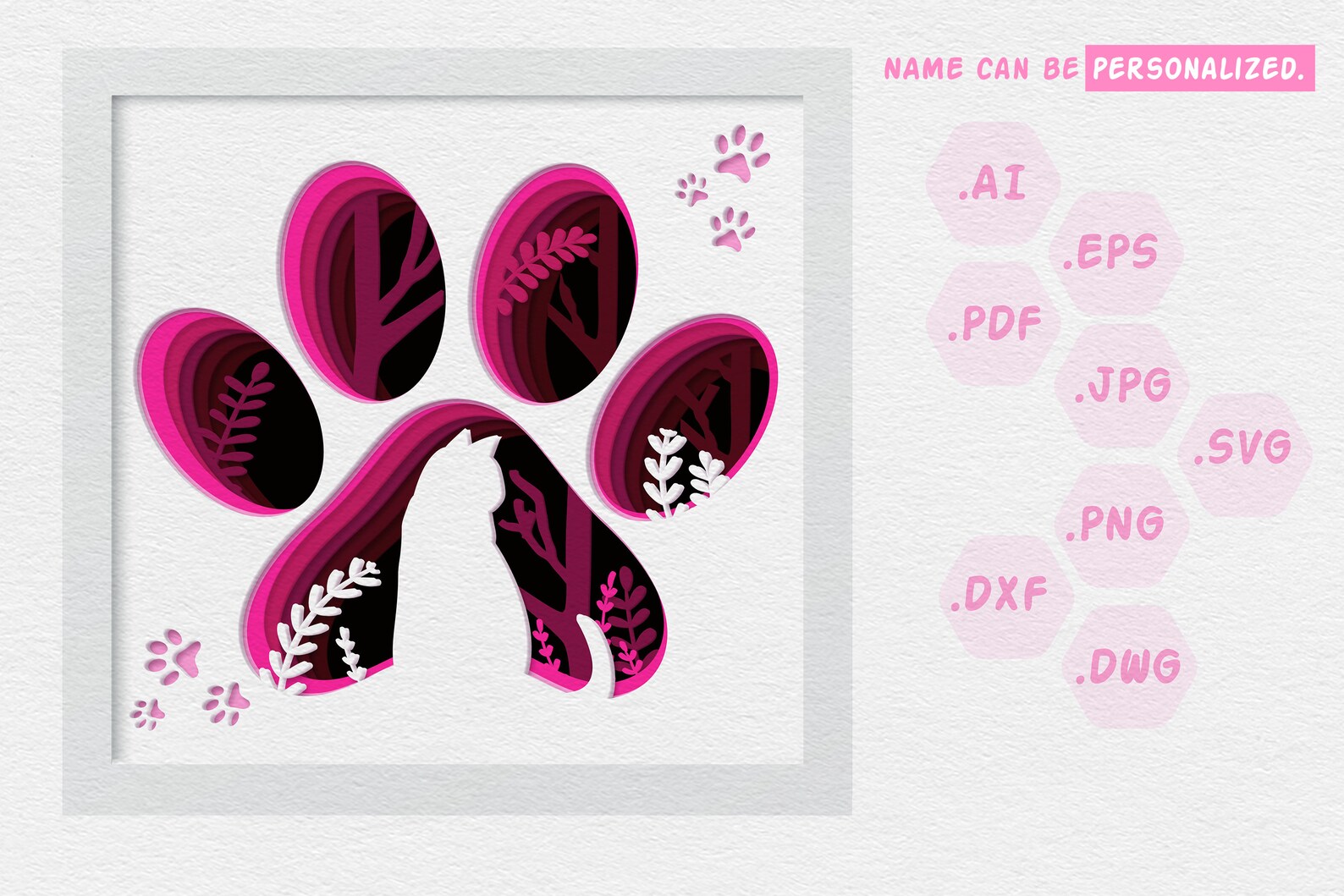 3D Cat Paw Shadow Box SVG Bundle, Personalized Multi-layered Laser Cut ...