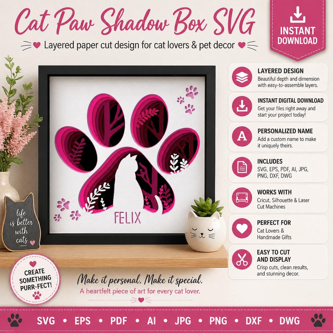 3D Cat Paw Shadow Box SVG, Multi - Layered Laser Cut Files - Etsy