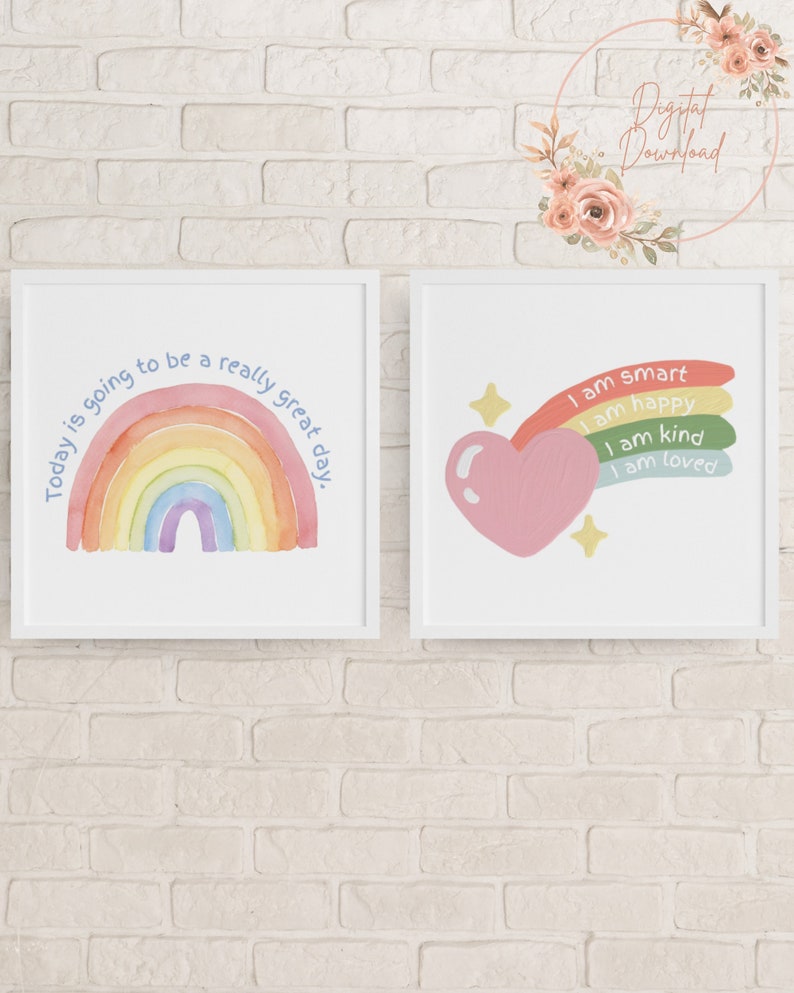 Set of 2 Rainbow Kids Affirmation Wall Art, Kids Room Decor, Positive ...