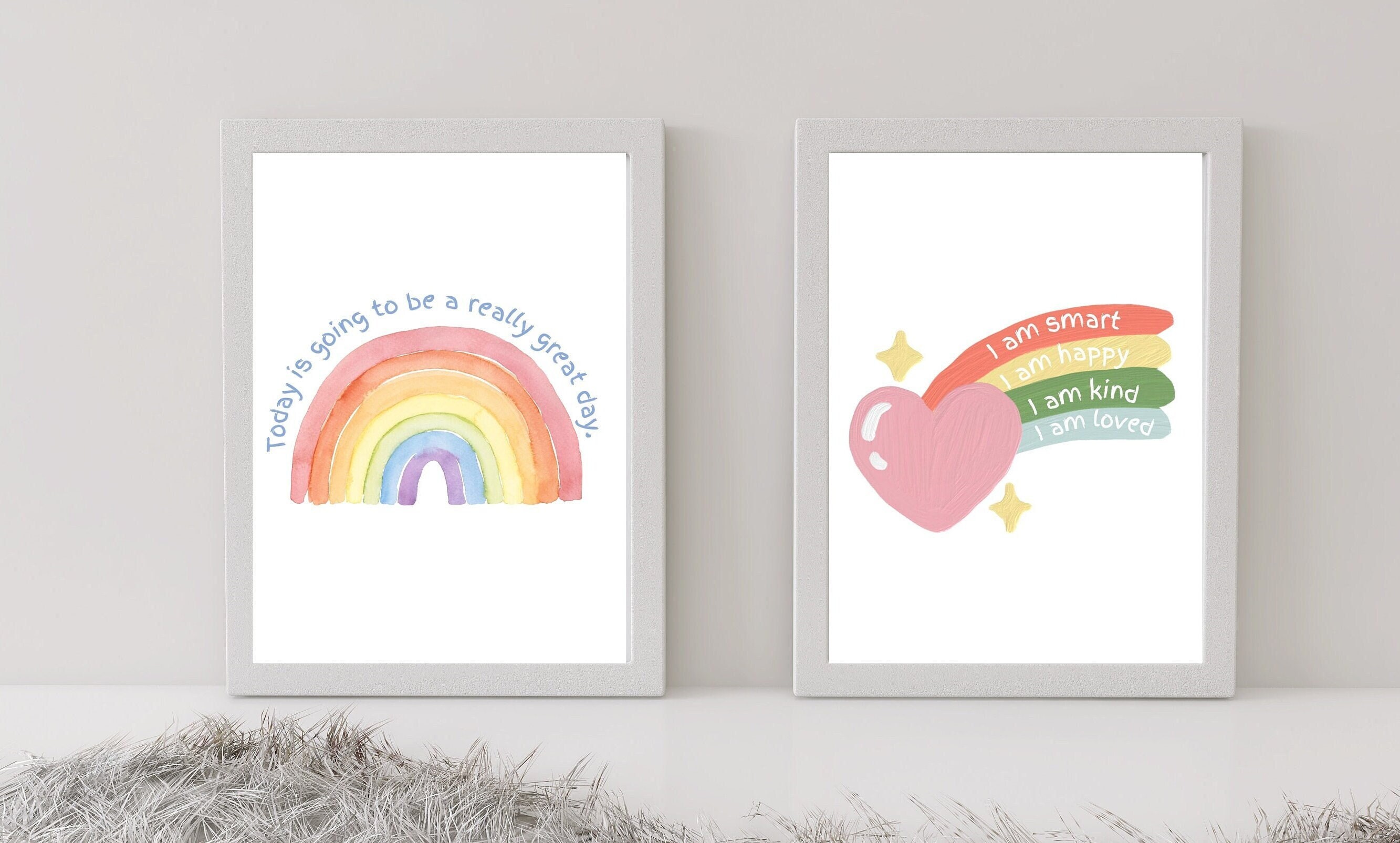 Set of 2 Rainbow Kids Affirmation Wall Art, Kids Room Decor, Positive ...