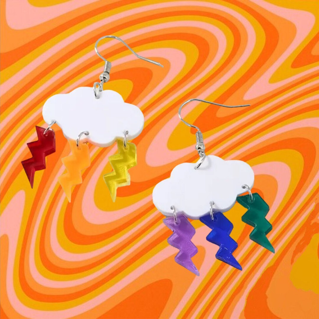 Rainbow Lightning Bolt Clouds Costume Drop Earrings, Storm Clouds ...