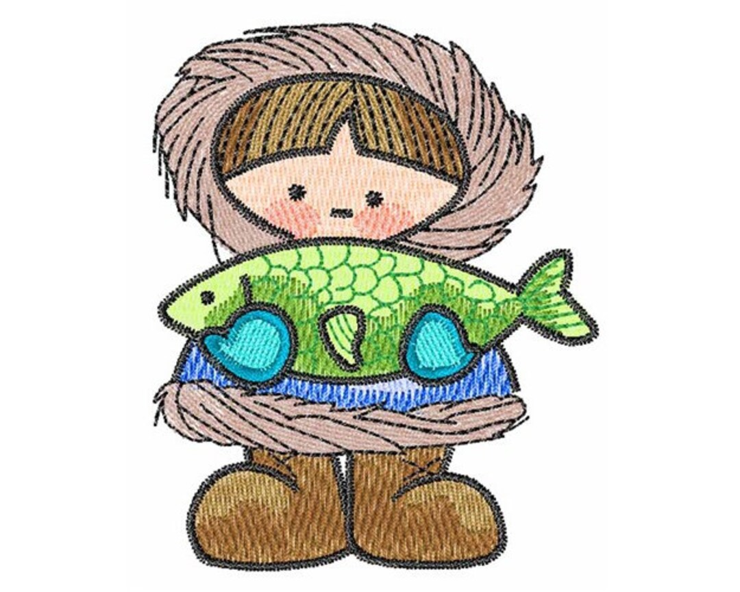 Eskimo Holding Fish - Machine Embroidery Design - Etsy