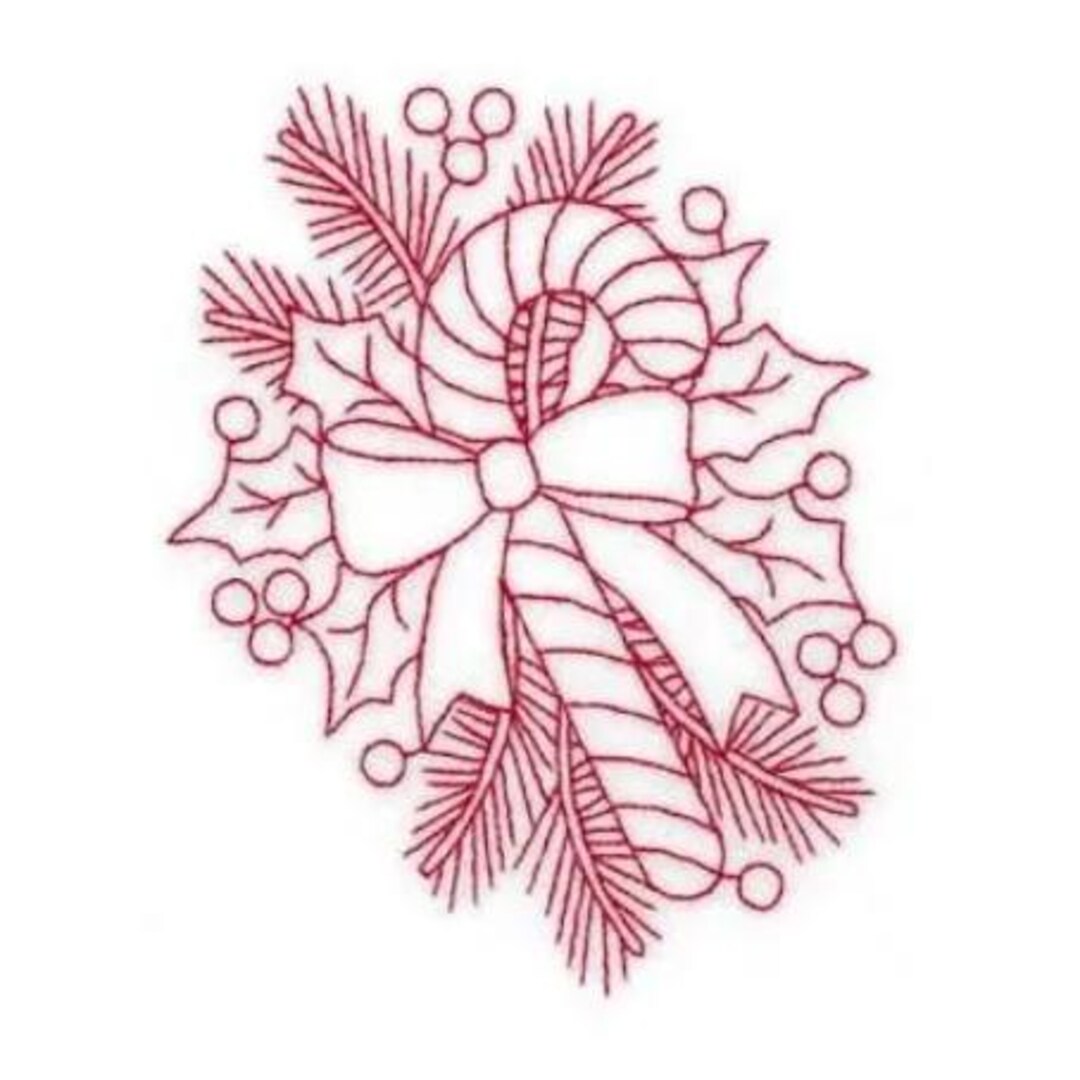 Redwork Candy Cane - Machine Embroidery Design, Christmas Pine Bough ...