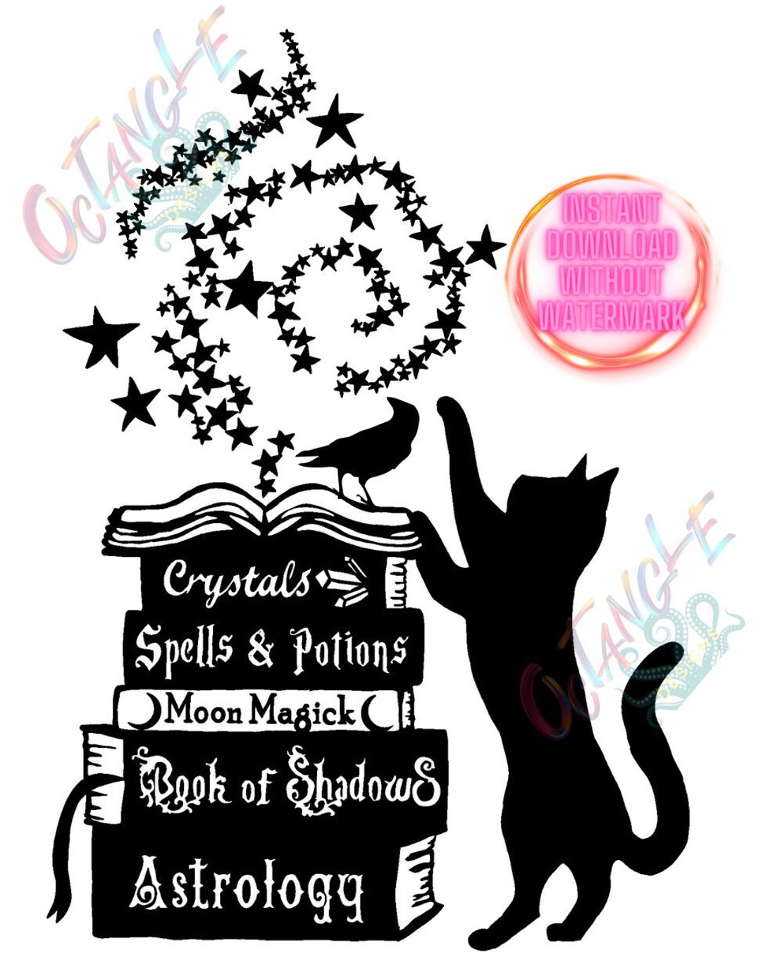 Black Cat and Raven With Magic Books and Stars - Instant Download - Svg ...