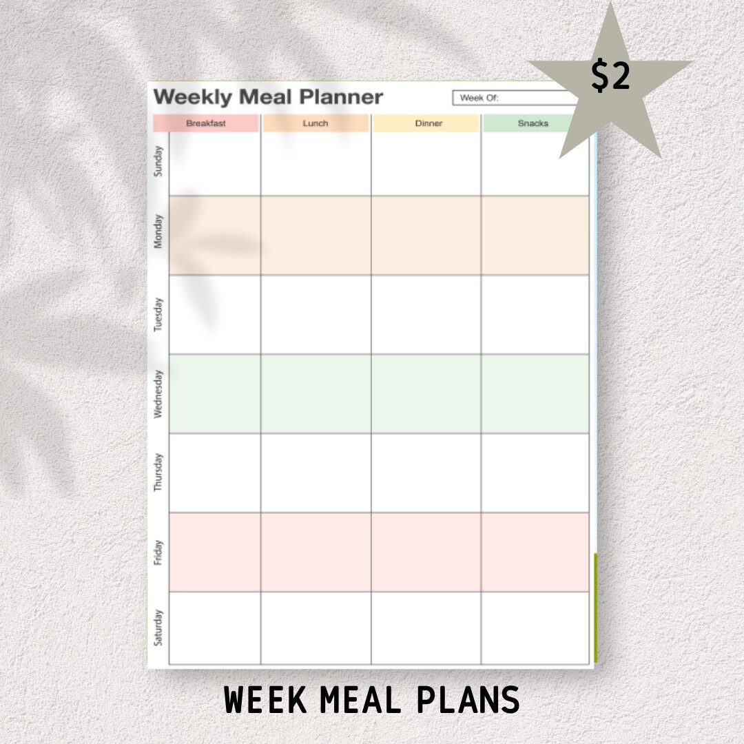 Weekly Meal Planning Form- Prepared Meals-meals for Working Out ...