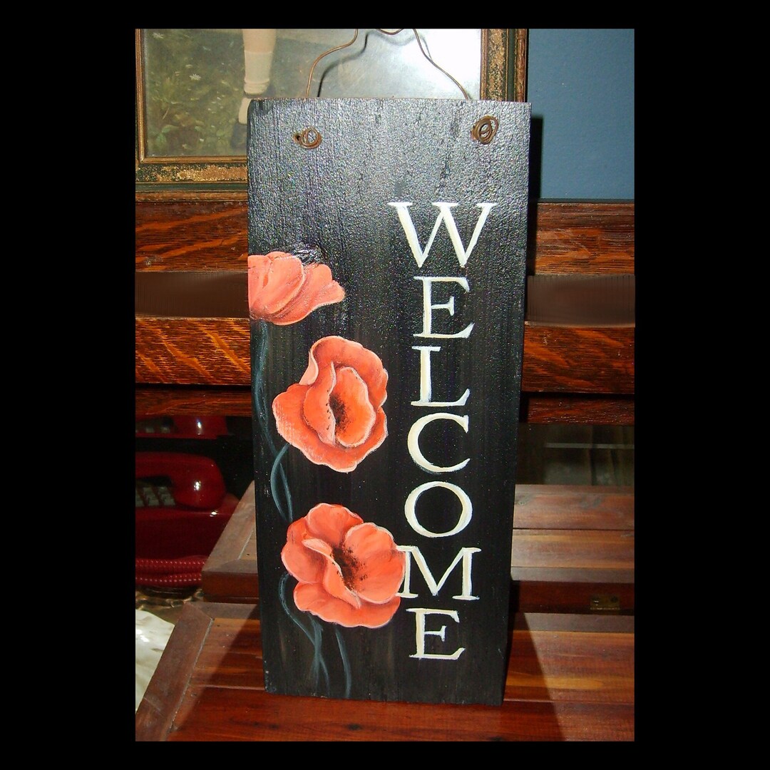 Handpainted Orange Poppies Summper Flowers on Black Welcome Wood Porch ...