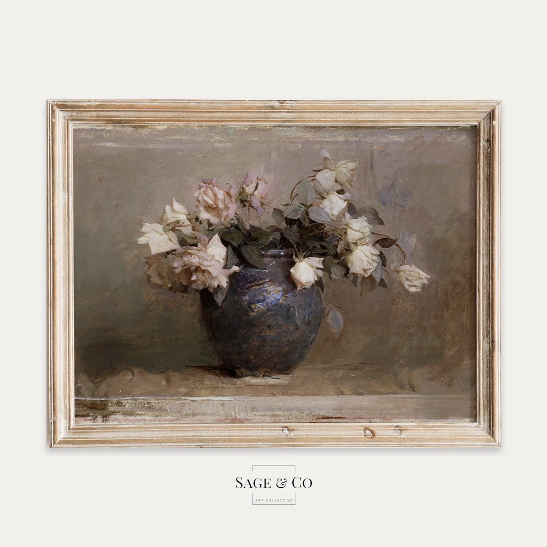 Vintage European Rustic Roses Flowers in Vase Still Life Painting ...