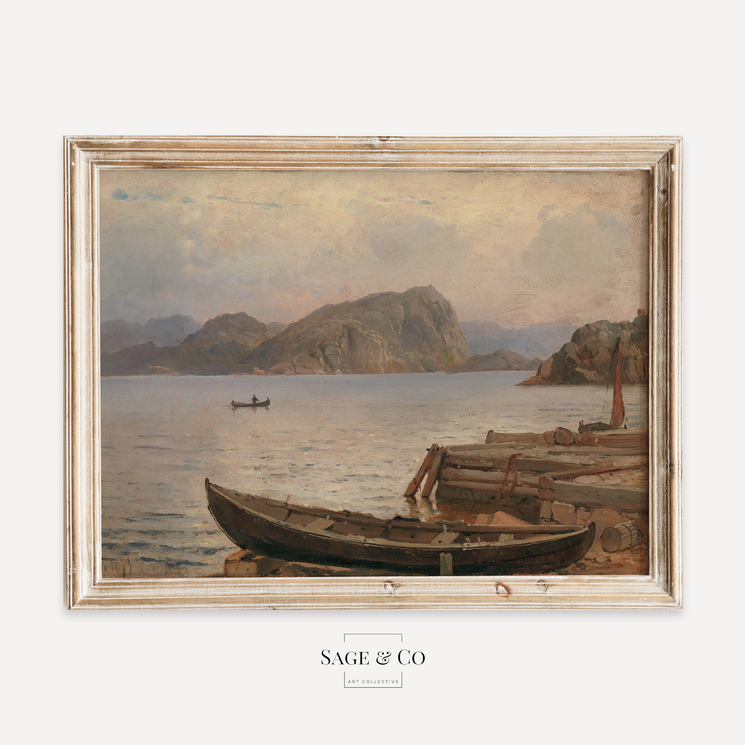 Vintage European Rustic Boat on River Landscape Painting | DIGITAL ...