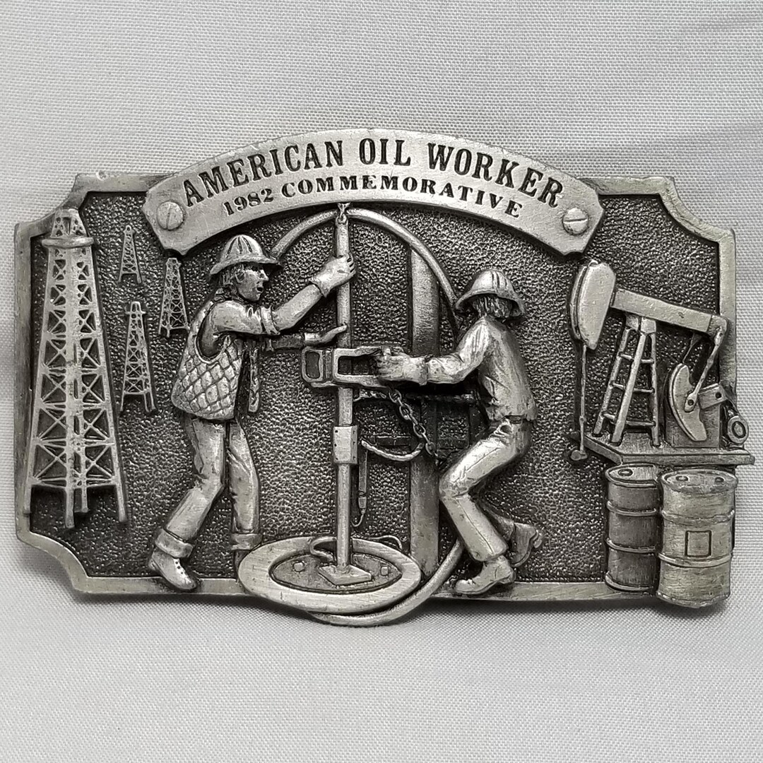 Vintage 1982 Pewter Belt Buckle: American Oil Worker Commemorative - Etsy