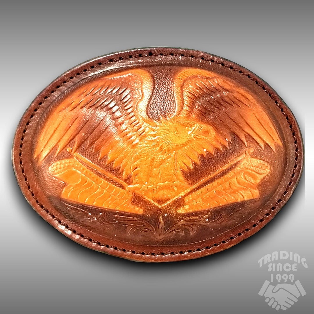Vintage Belt Buckle Leather Over Metal American Eagle Tooled Embossed ...